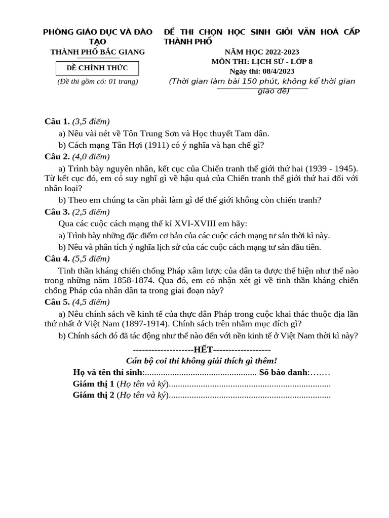 De Lich Su 8 2022-2023 Cdfac | PDF