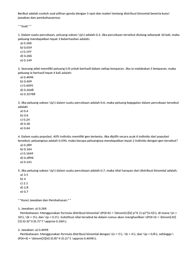 Berikut Adalah Contoh Soal Pilihan Ganda Dengan 5 Opsi Dan Materi Tentang Distribusi Binomial ...