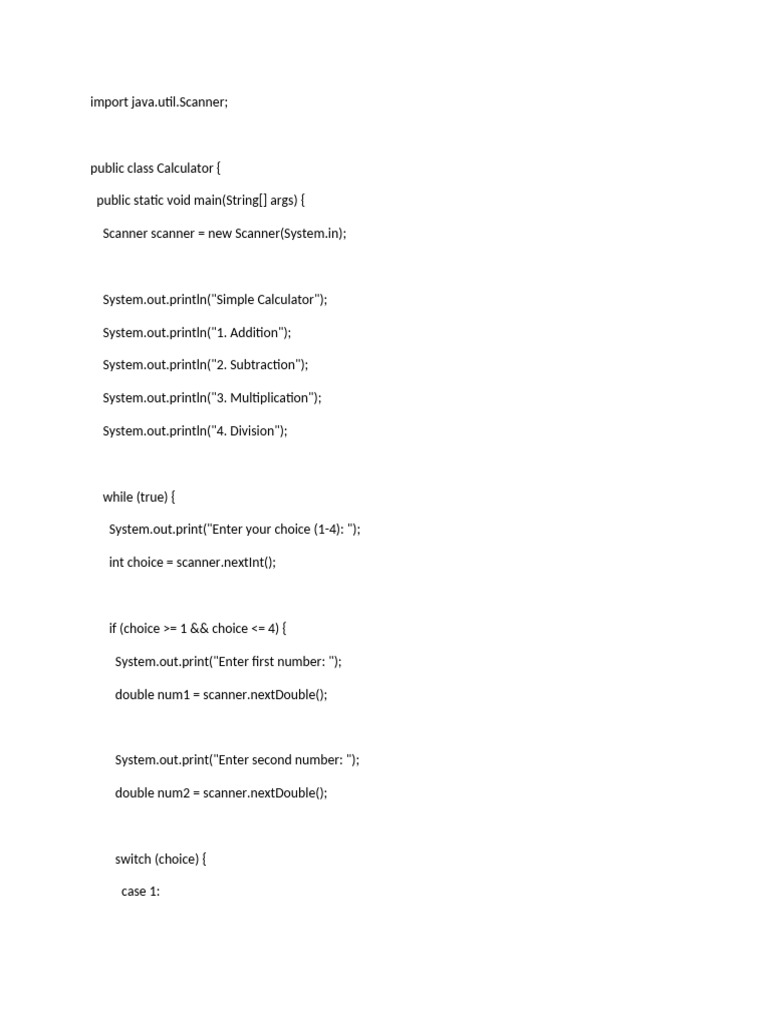 Simple Java Calculator Program | PDF