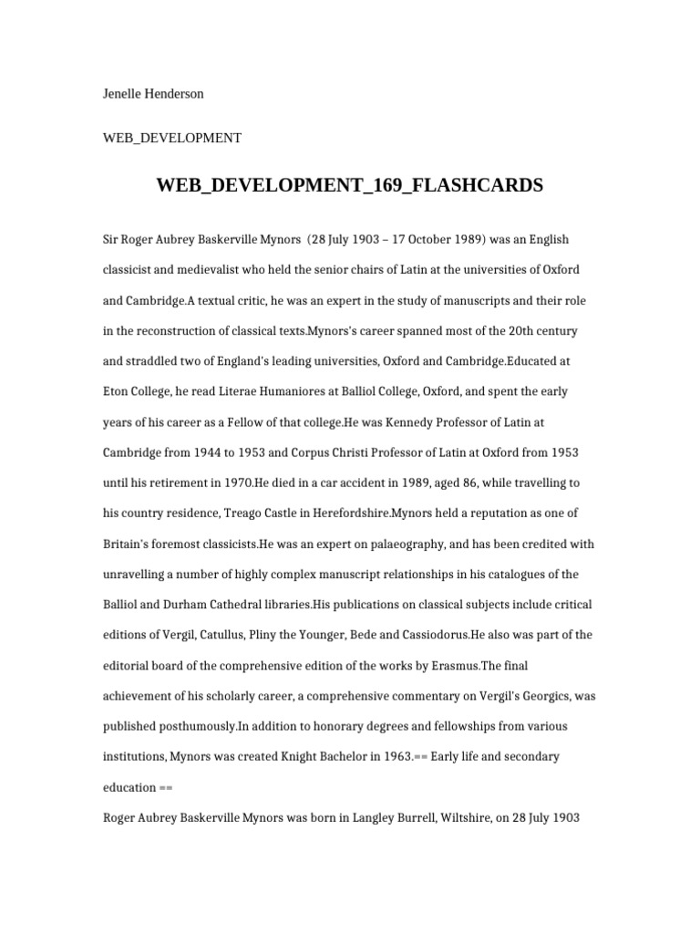 Sir Roger Mynors: Classicist Biography | PDF