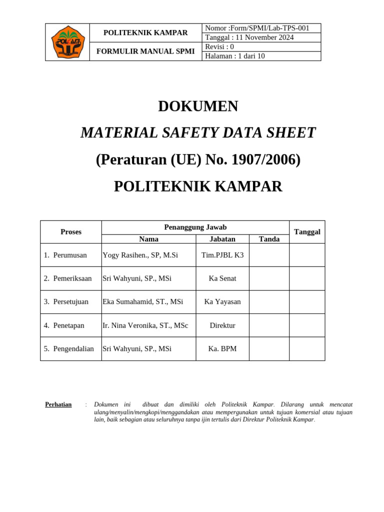 Formulir Lembar MSDS K3. Lab TPS | PDF