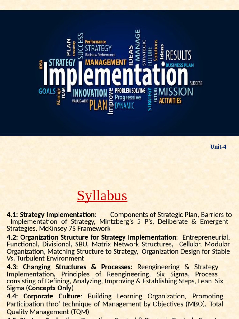 Unit-4-Implementation of Strategy | PDF | Six Sigma | Organizational Structure