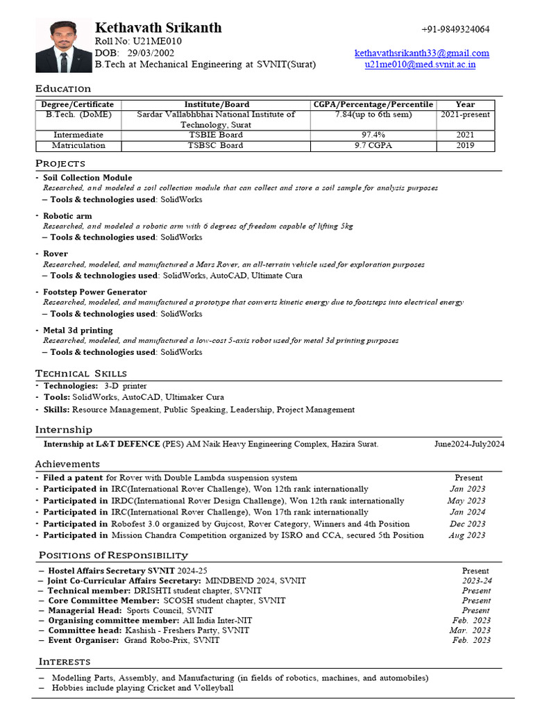 Kethavath Srikanth - SVNIT | PDF | Rover (Space Exploration) | 3 D Printing