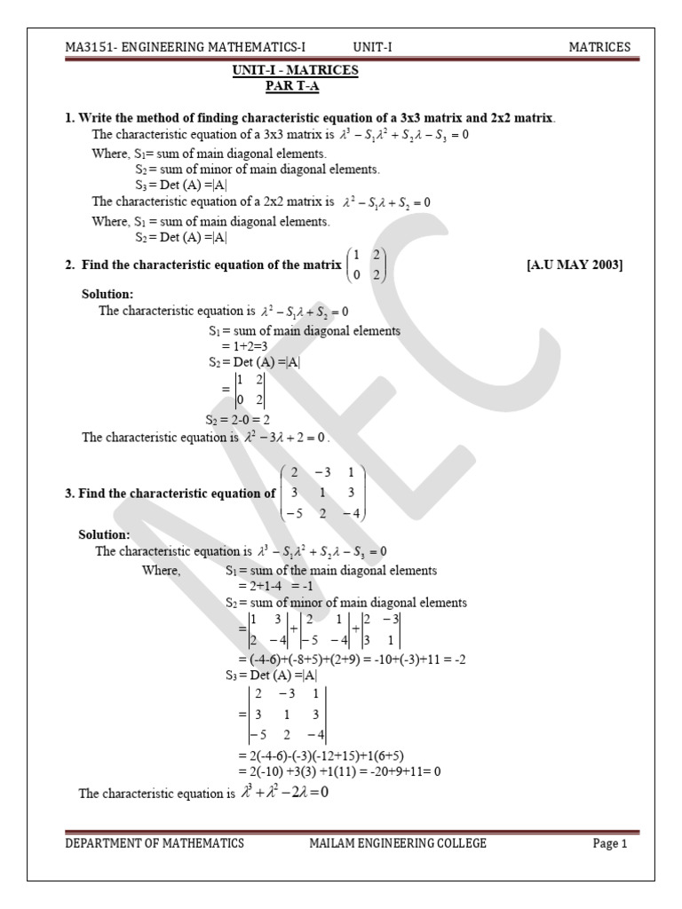 Engineering Math: Matrices Basics | PDF | Eigenvalues And Eigenvectors | Matrix (Mathematics)