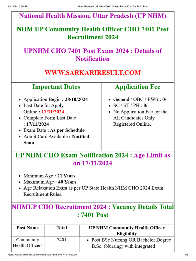 Uttar Pradesh UP NHM CHO Online Form 2024 For 7401 Post | PDF | Government Of India | Qualifications
