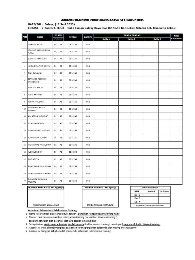 Absensi Training - DS BEKASI (Kantor Linknet) v2 | PDF