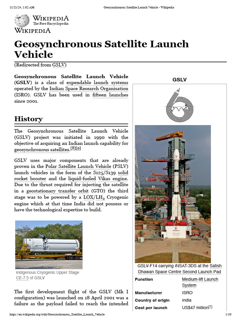 Geosynchronous Satellite Launch Vehicle - Wikipedia | PDF | Space Technology | Spacecraft