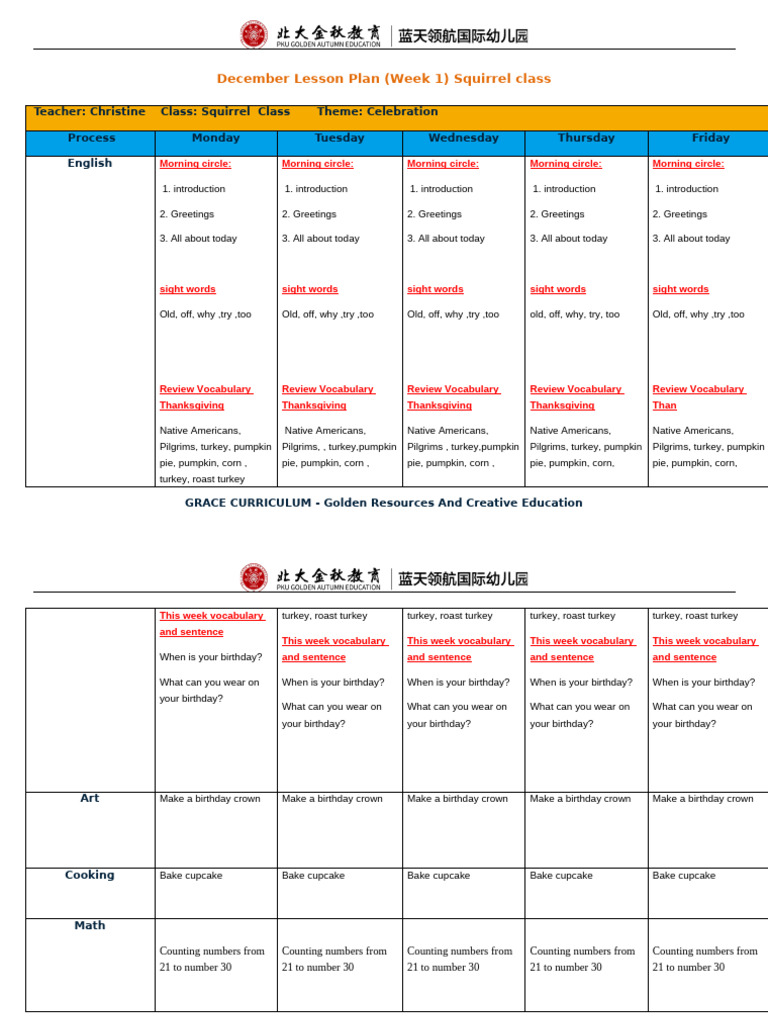 December Week 1 Lesson Plan | PDF | Pumpkin | Thanksgiving