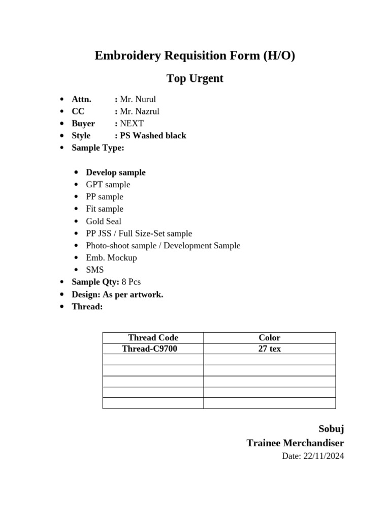 Embroidery Requisition Form | PDF