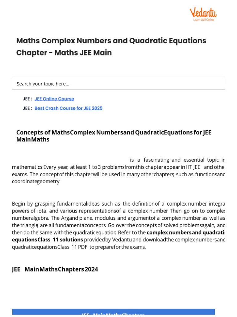 Maths Complex Numbers and Quadratic Equations Chapter - Maths JEE Main | PDF