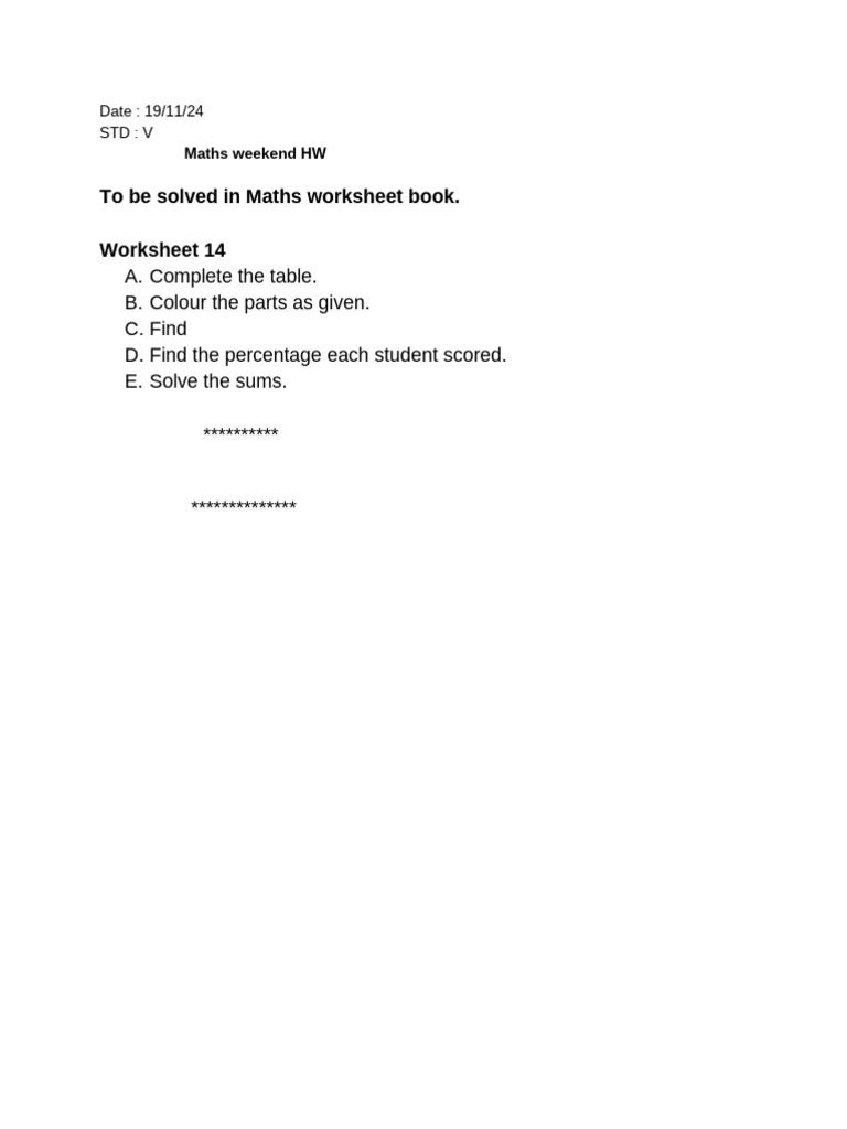 STD 5 Maths Weekend H.W (19-11-24) | PDF