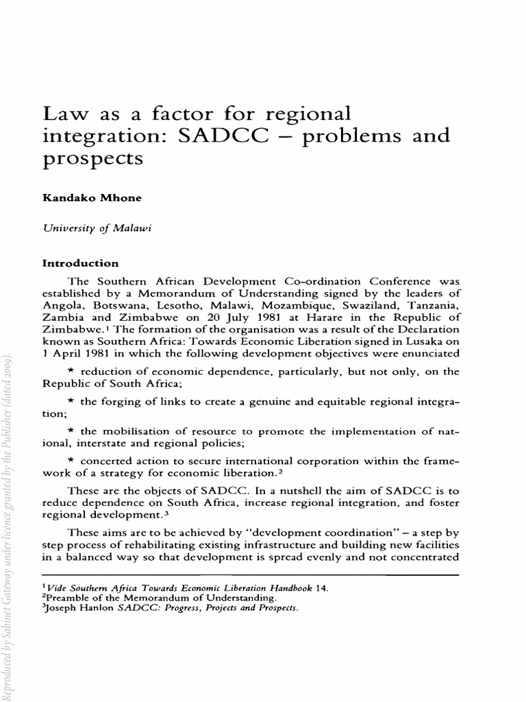 Mhone 1991 Law As A Factor For Regional Integration Sadcc Problems and ...