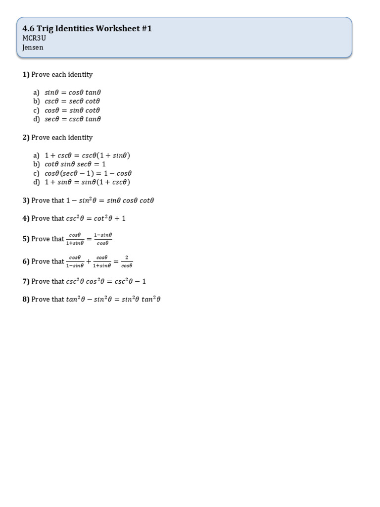 4.6 Trig Identities Worksheet #1: Mcr3U Jensen | PDF