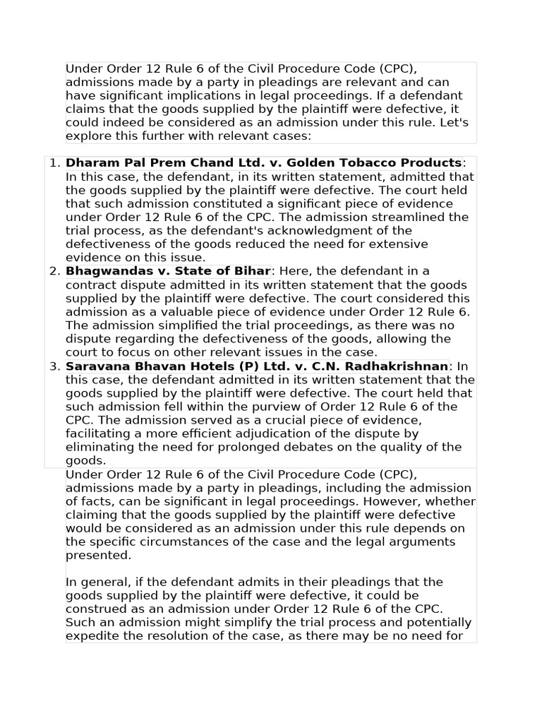 Admissions Under Order 12 Rule 6 CPC | PDF | Lawsuit | Pleading