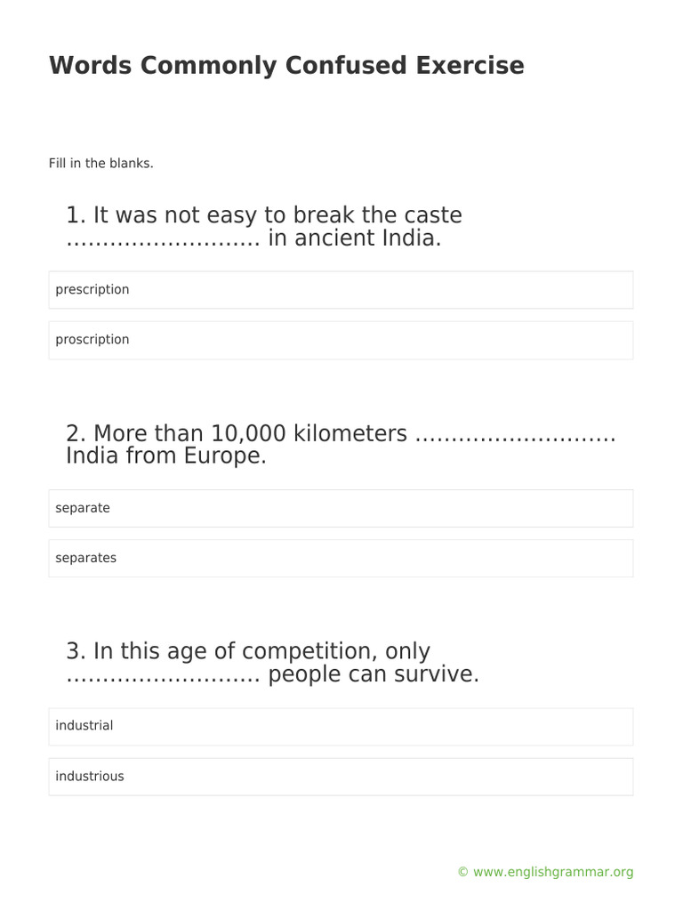 Words Commonly Confused Exercise | PDF