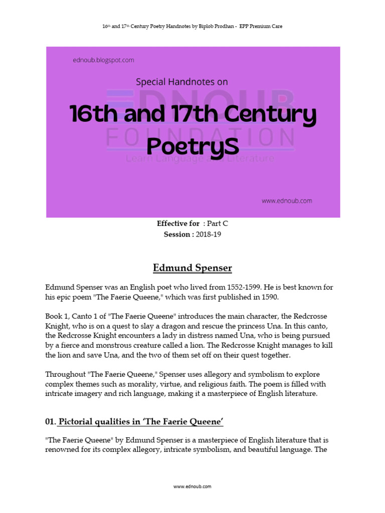 16th and 17th Century Poetry Handnotes | PDF | The Faerie Queene ...