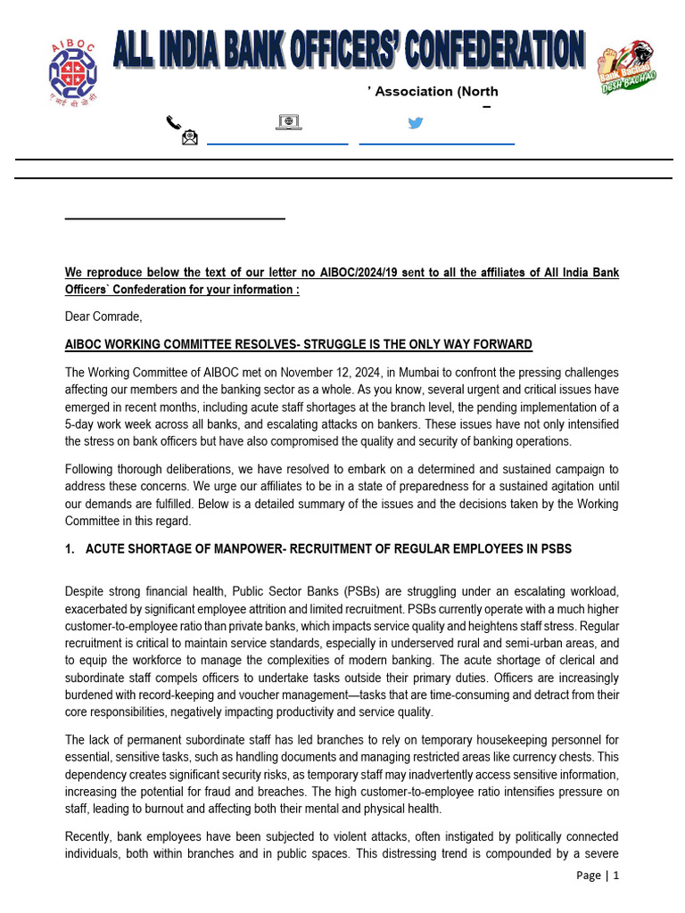 AIBOC Communication About 5 Days Banking and Other Issues | PDF | Cost ...