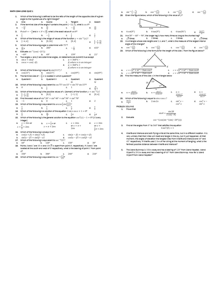 MATH 2044 LONG QUIZ 1 1say2425 | PDF | Trigonometric Functions ...