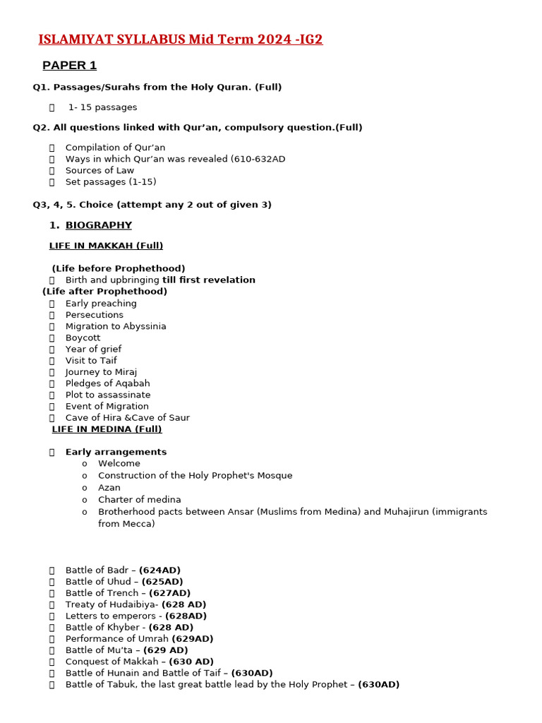 Islamiyat Syllabus Mid Term 2024 | PDF | Hadith | Medina