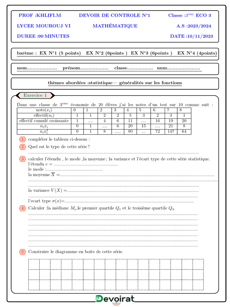 Devoir de Contrôle 1 Math 3ème Éco | PDF | Quartile | Mathématiques