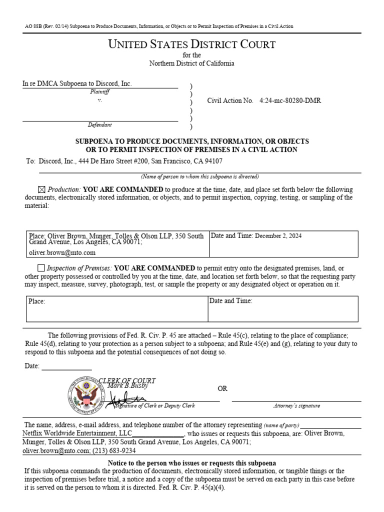 Discord Subpoena Via Polygon | PDF | Discovery (Law) | Deposition (Law)