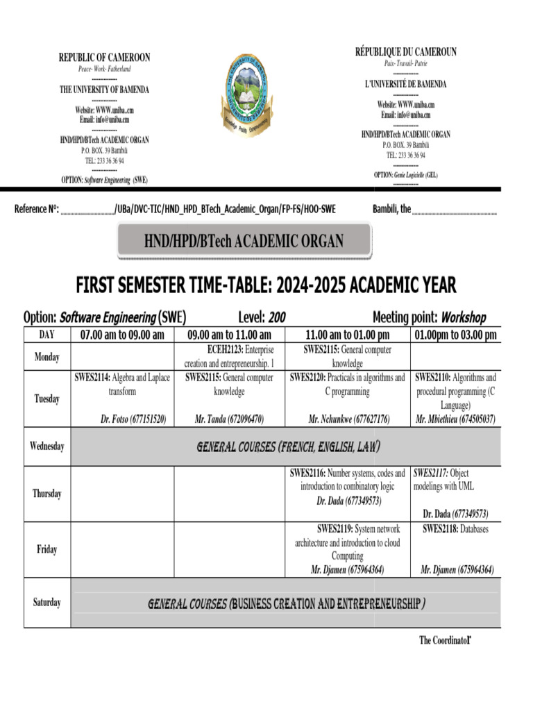 2024-2025 SWE Level 200 FIRST Semester Timetable | PDF | Computer Engineering | Engineering
