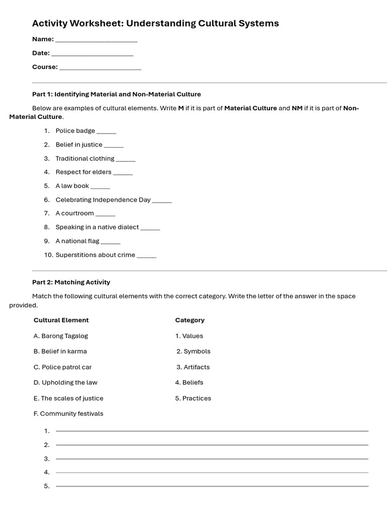 Cultural Elements Worksheet for Grade 2 | PDF