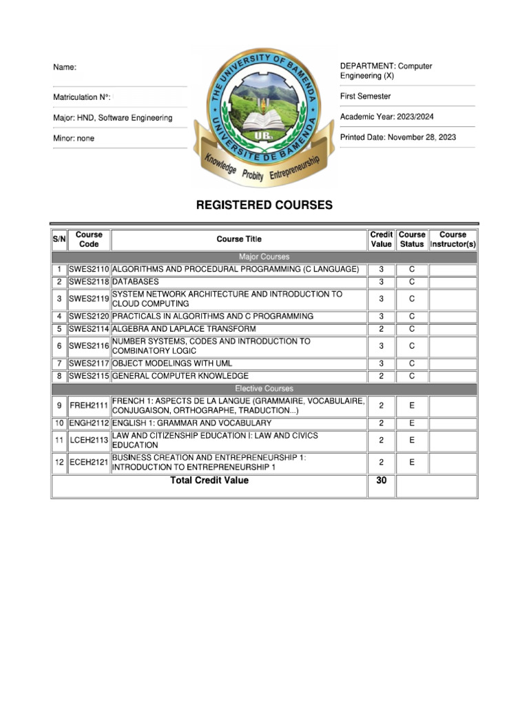 Sample Form B (SWE Level 200, FIRST Semester) | PDF