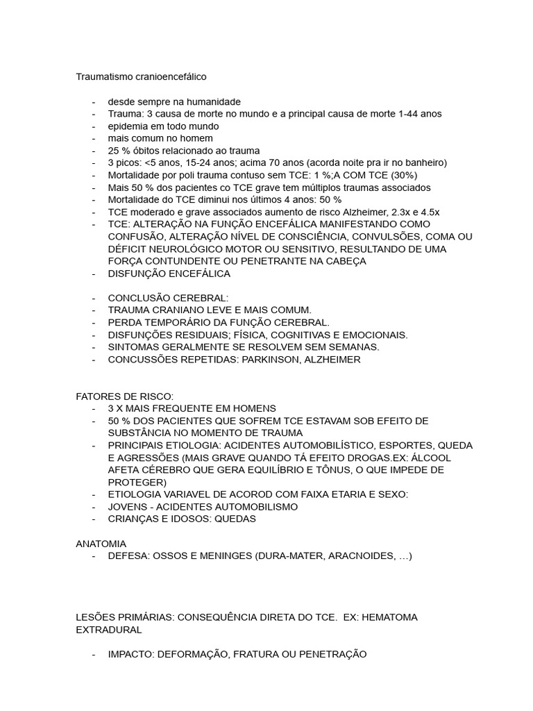 Traumatismo Cranioencefálico: Causas e Efeitos | PDF | Traumatismo ...