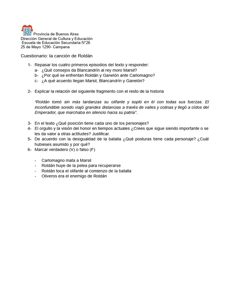 Cuestionario La Canci N de Rold N | PDF