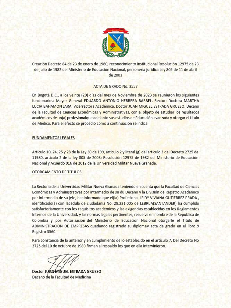 Acta de Grado Universidad Militar LEIDY | PDF