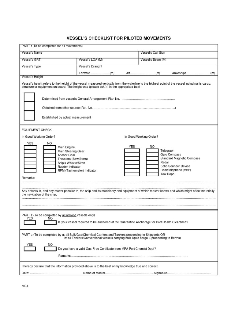 Vessel's Checklist For Piloted Movements | PDF | Ships | Maritime Pilot