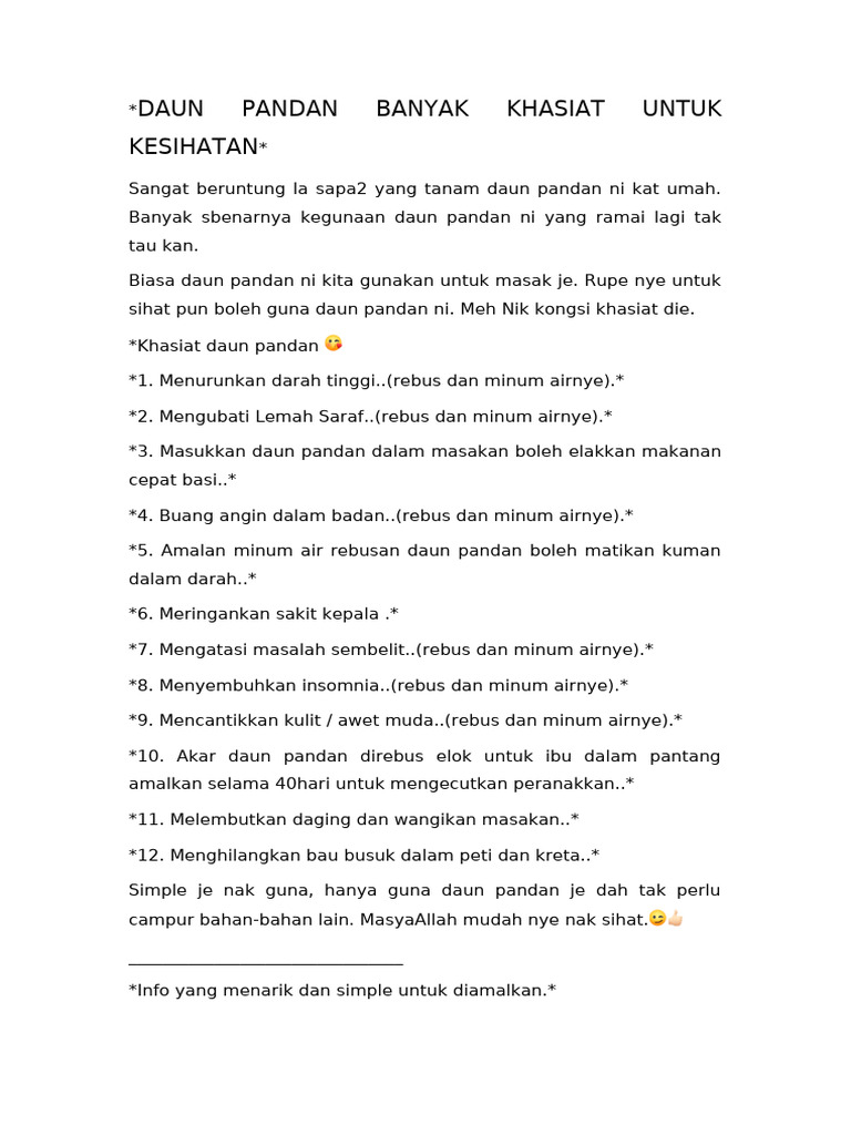 Daun Pandan Banyak Khasiat Untuk Kesihatan | PDF