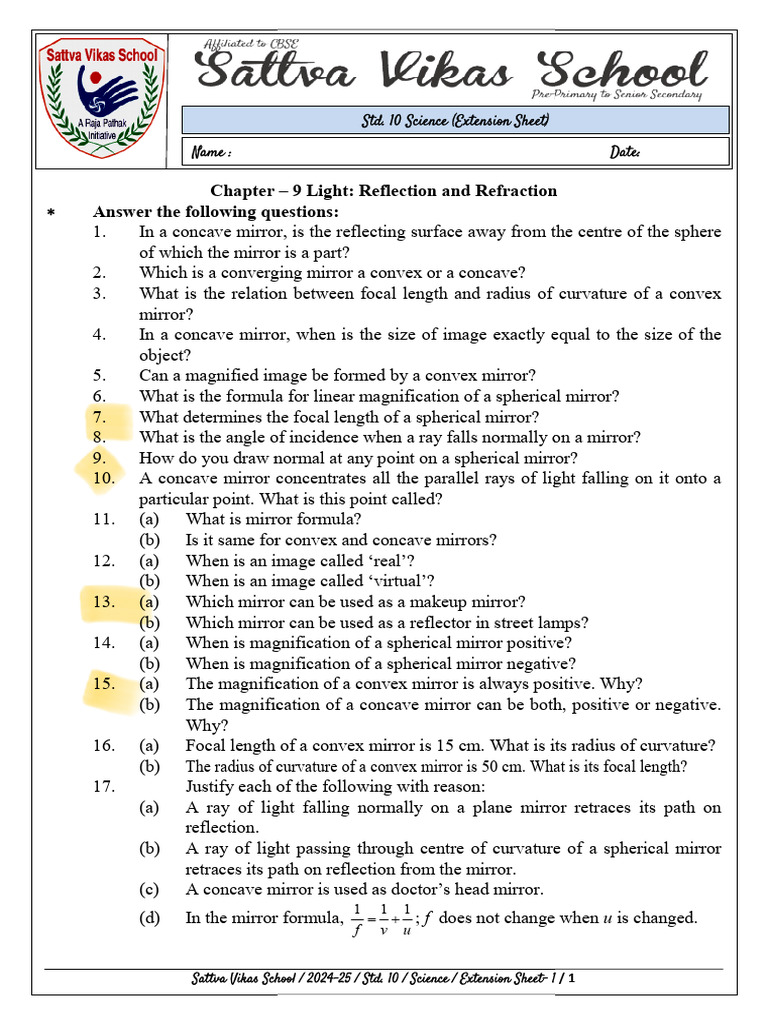Std10 Extension Sheet | PDF | Mirror | Atomic