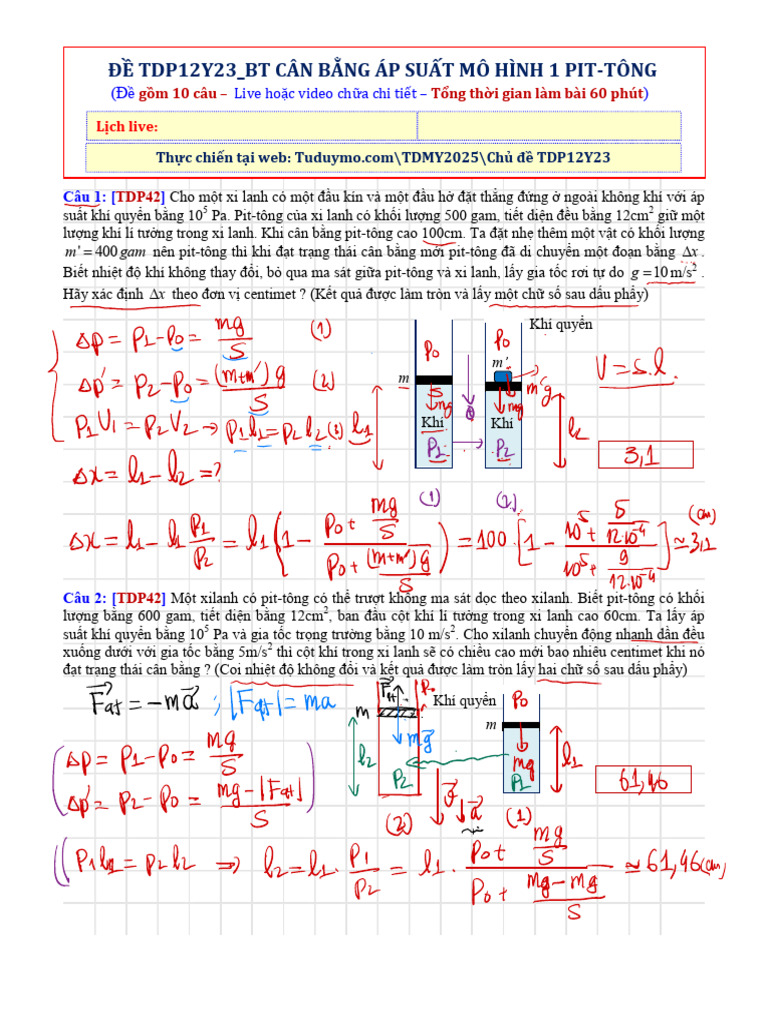 BVT - Live - Tdp12y23 - ĐTL - BT Cân Bằng Áp Suất Mô Hình 1 Pit - Tông | PDF