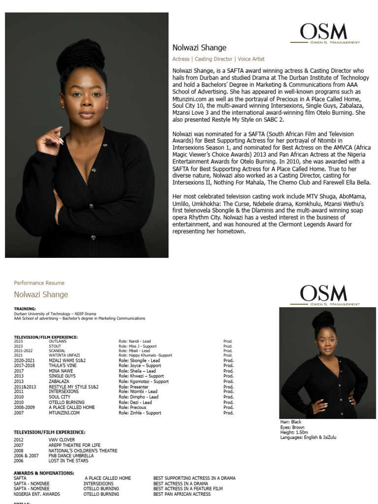 Nolwazi Shange: Award-Winning Actress & Casting Director | PDF | Entertainment