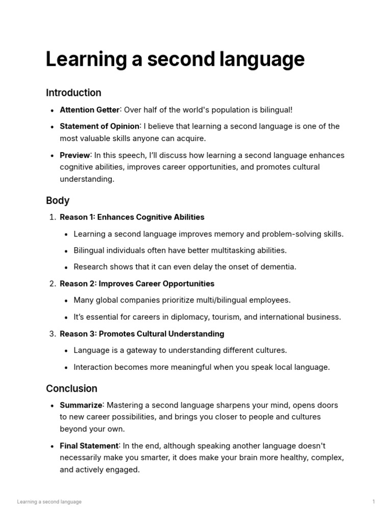 Benefits of Learning a Second Language | PDF