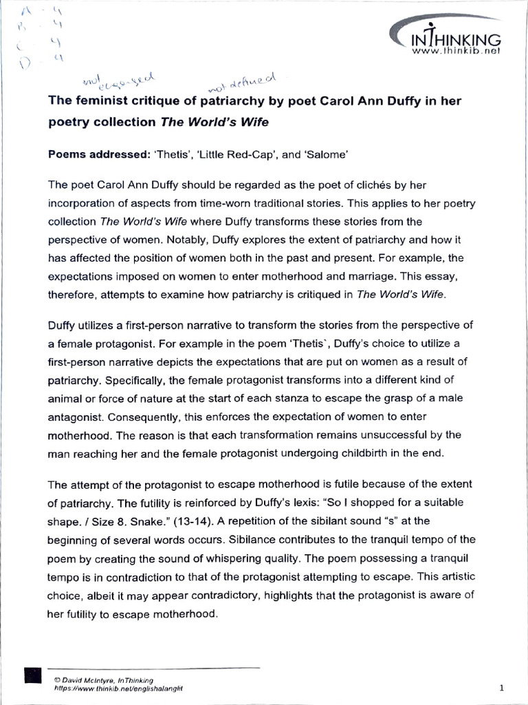 Carol Ann Duffy (HL Essay Example) | PDF | Patriarchy | Poetry