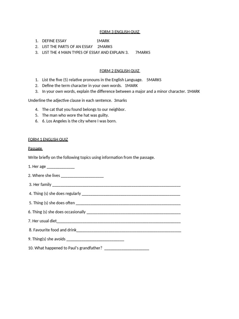 Form 3 English Quiz | PDF | Language Arts & Discipline | General Fiction