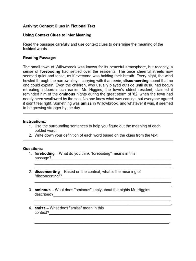 Context Clues in Fictional Text | PDF
