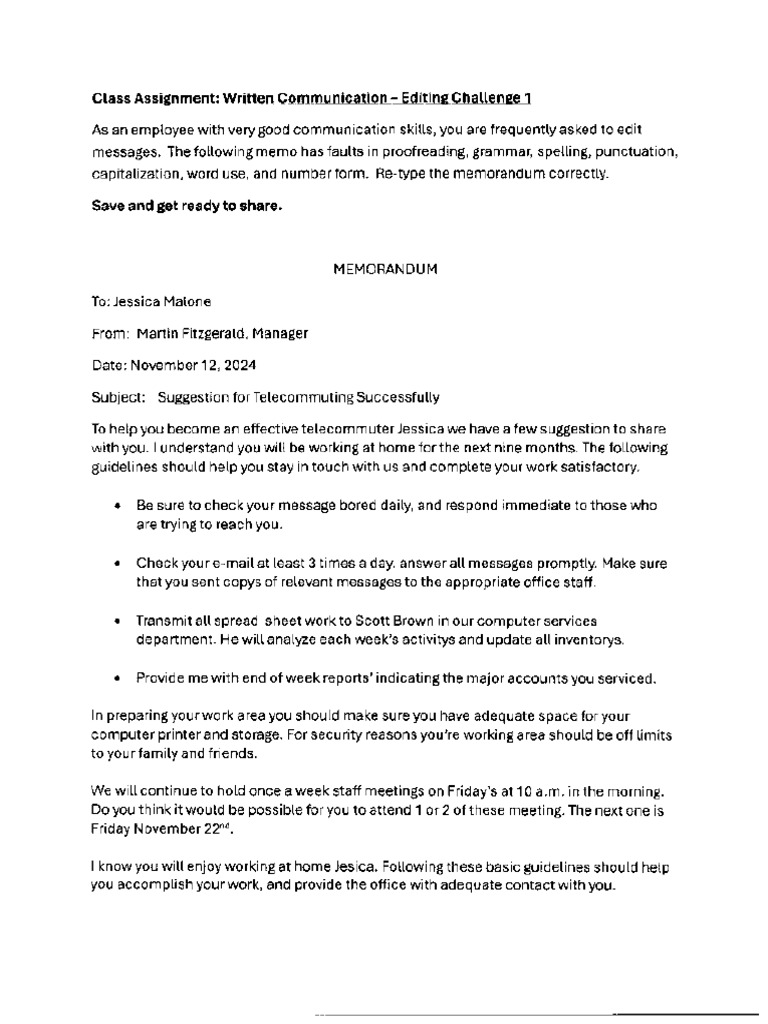 Bus Comm Memo To Correct Class Assignment PDF | PDF