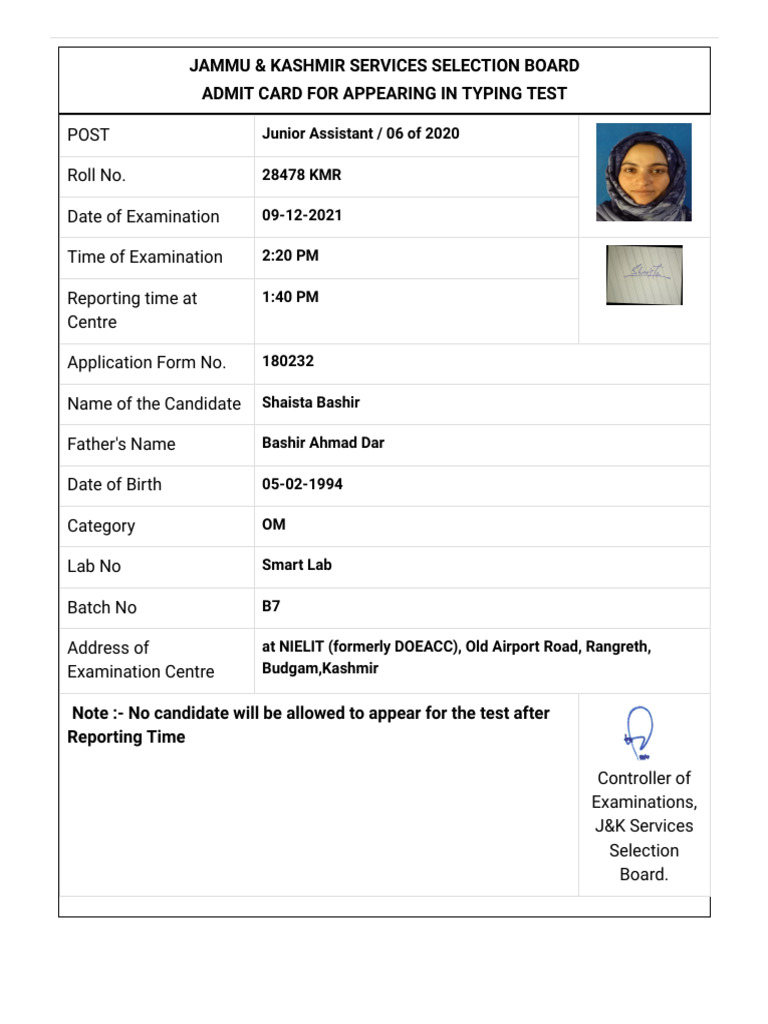 Jammu & Kashmir Services Selection Board Admit Card For Appearing in ...