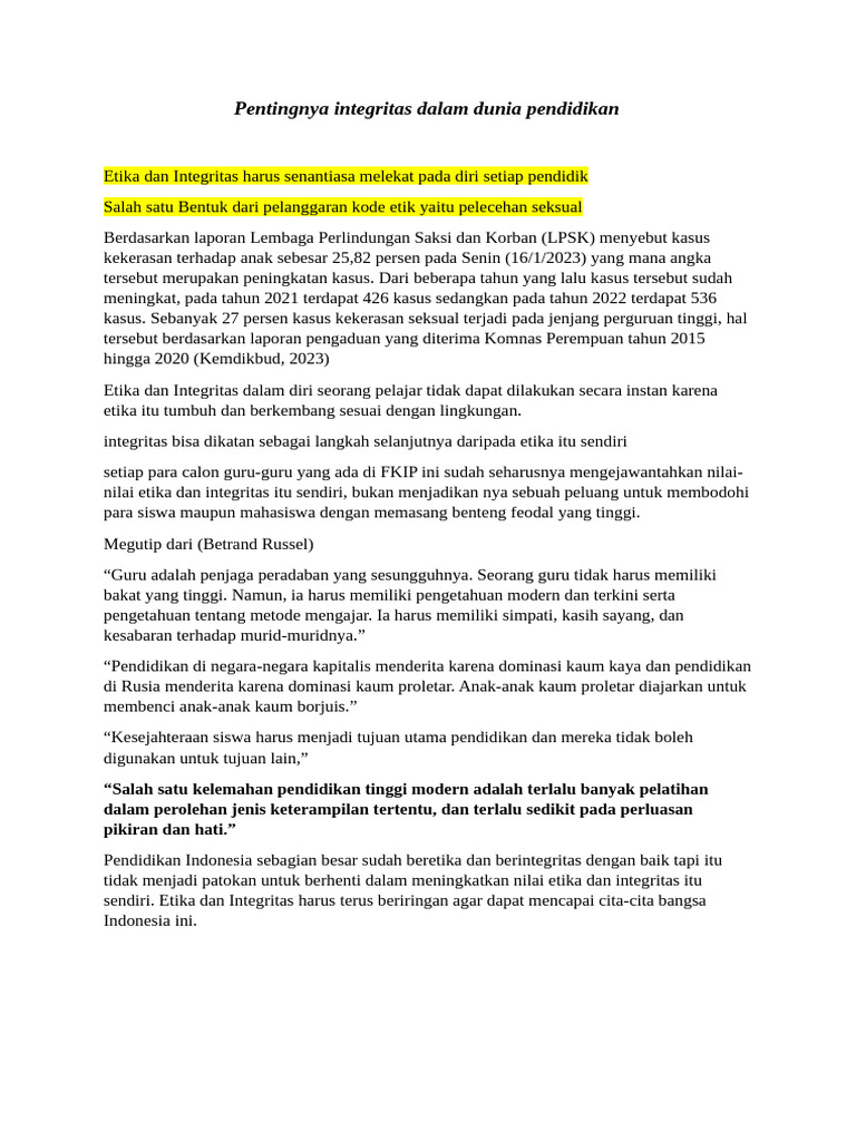 Pentingnya Integritas Dalam Dunia Pendidikan | PDF | Karier & Perkembangan | Ilmu Sosial