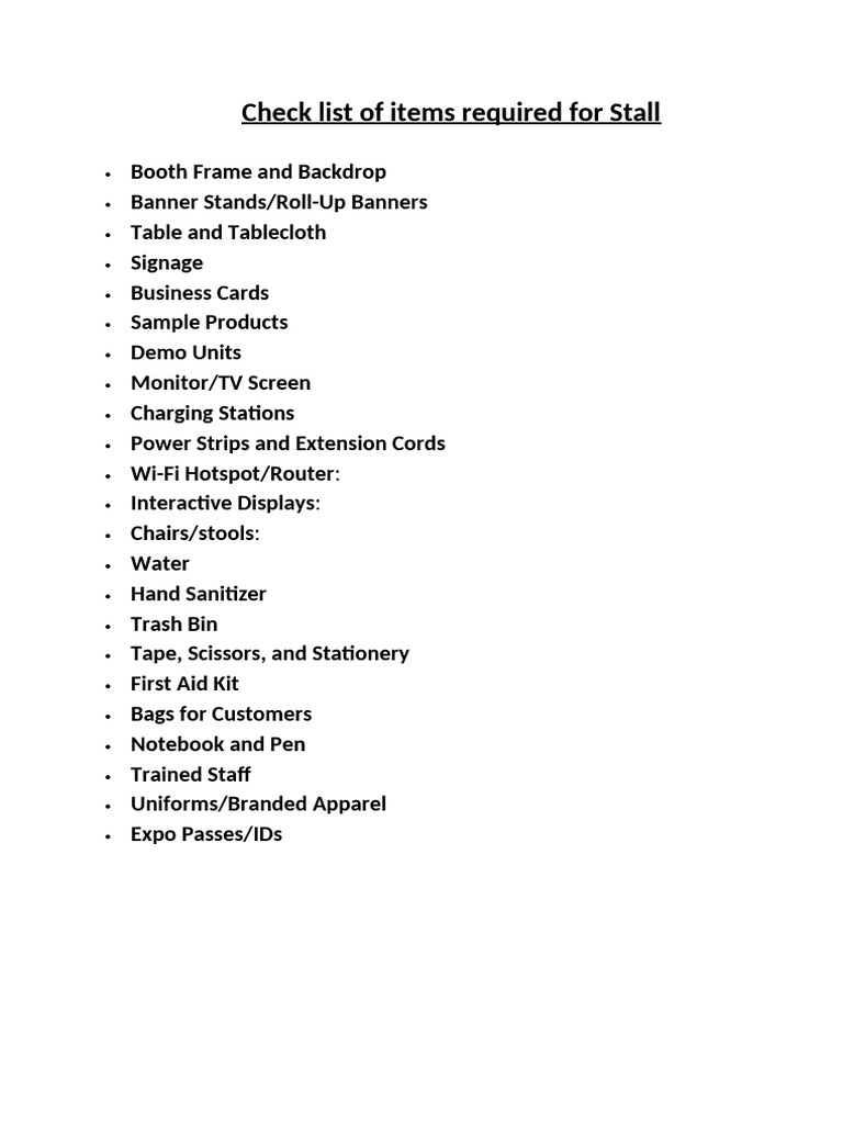 Checklist of Items Required For Stall (AutoRecovered) | PDF | Pencil ...
