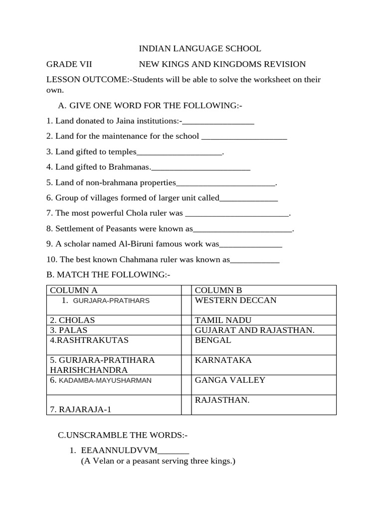 Grade VII Indian Kingdoms Revision Worksheet | PDF