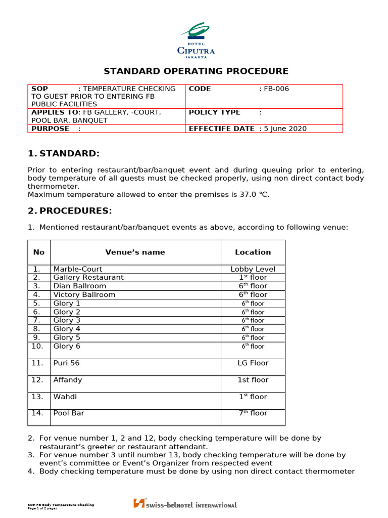 SOP HCJ Body Temperature Checking To Guest Prior To Entering Restaurant ...