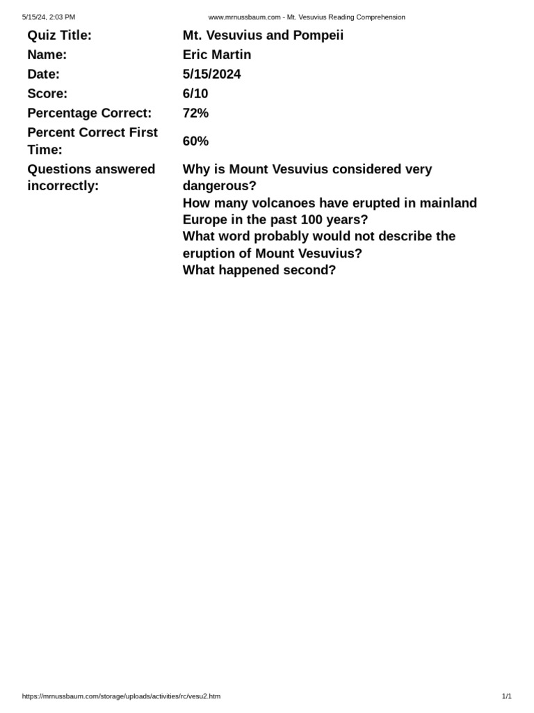 Mt. Vesuvius Reading Comprehension | PDF | Mount Vesuvius | Pompeii