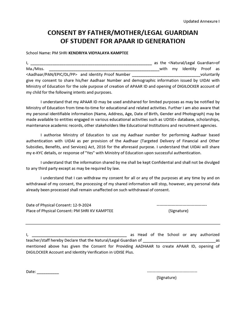 Updated Annexure I - Parent Consent | PDF | Justice | Crime & Violence