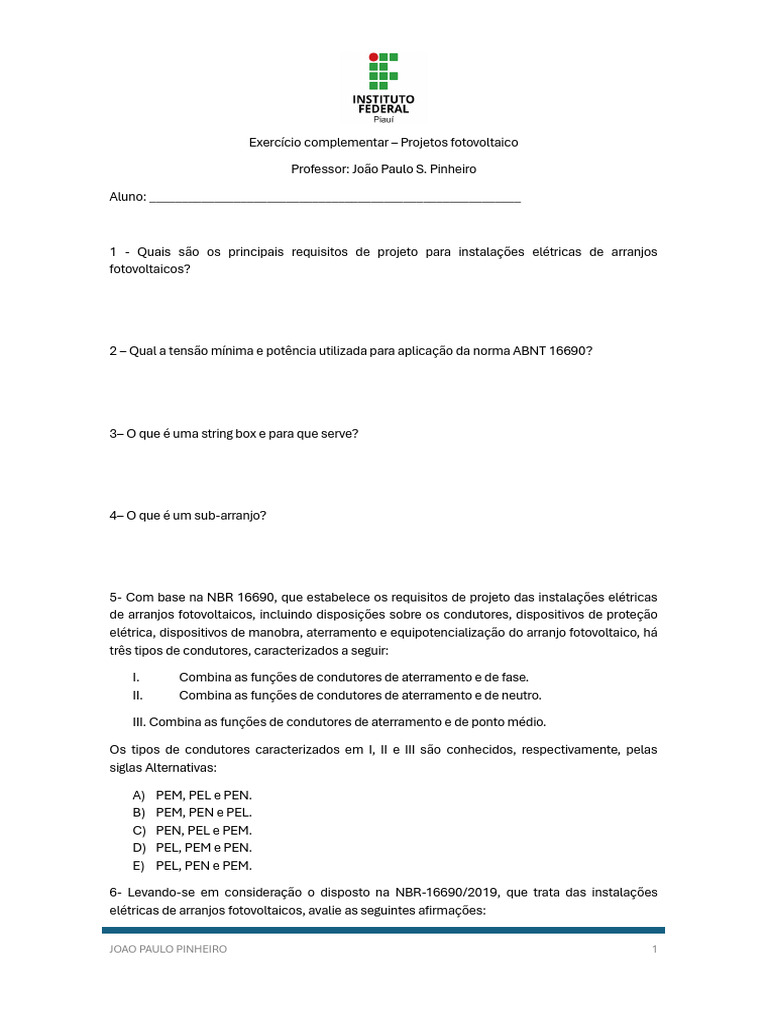 Exercício Complementar 1 - Projetos Fotovoltaicos | PDF | Corrente elétrica | Ciências Físicas
