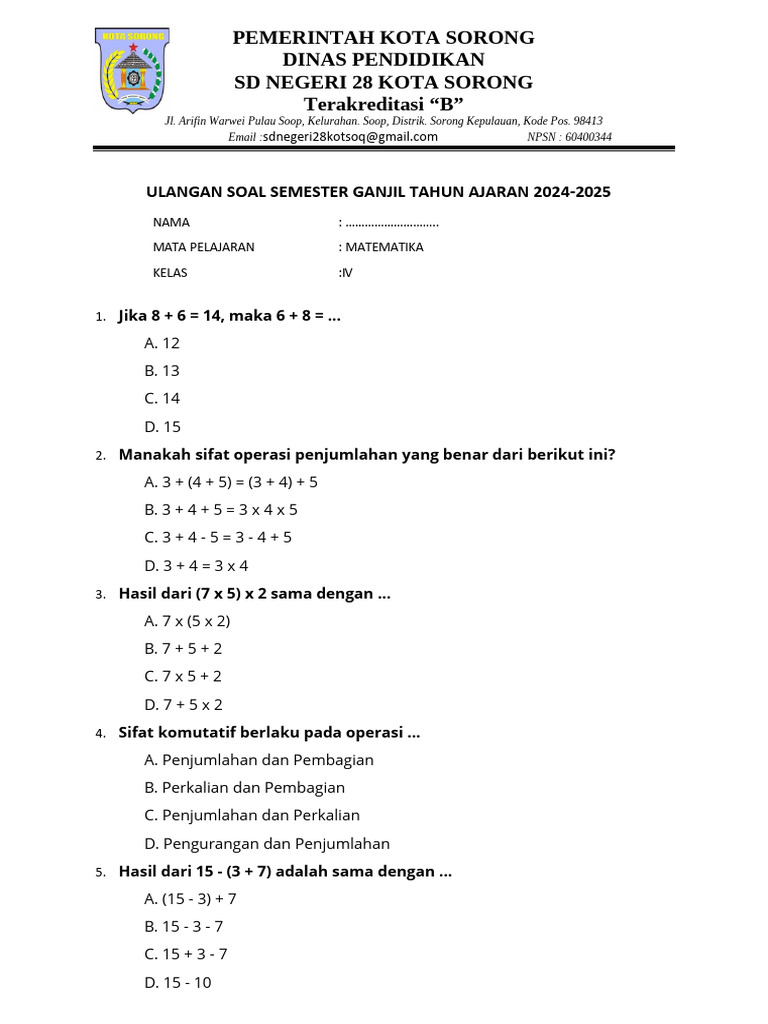 Soal Pilihan Ganda Matematika Kelas 4 - 20241113 - 224818 - 0000 | PDF